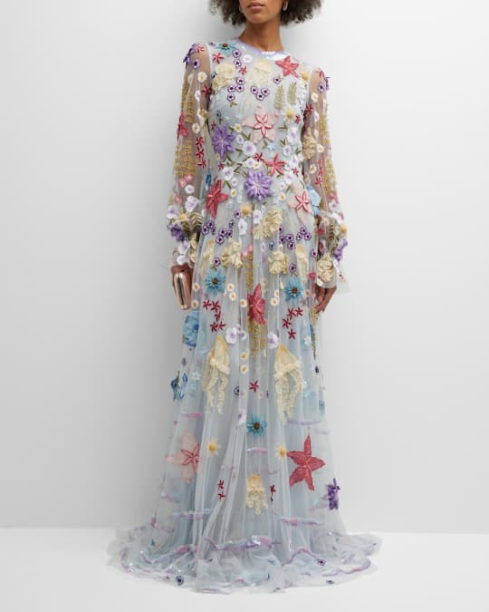 Naeem Khan \Floral Embroidered Puff-Sleeve Open-Back Tulle Gown ...