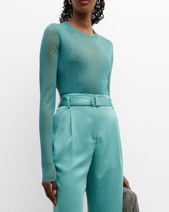 LAPOINTE Metallic Plisse Fitted Knit Top | Neiman Marcus