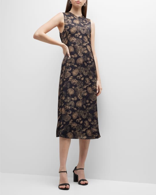 Co Sea Shell-Print V-Neck Sleeveless Midi Dress | Neiman Marcus