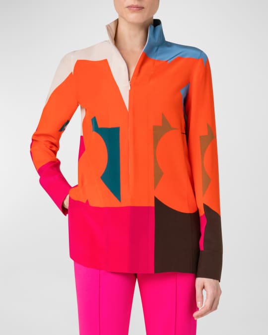 Akris Colorblock Logo-Print Zip Cashmere-Silk Tunic Shirt | Neiman Marcus