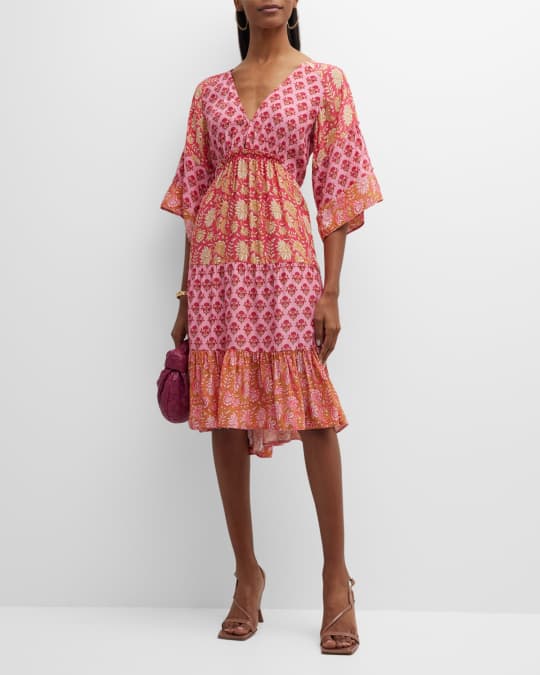 Figue Fiona V-Neck Tiered Mixed-Print Silk Dress | Neiman Marcus