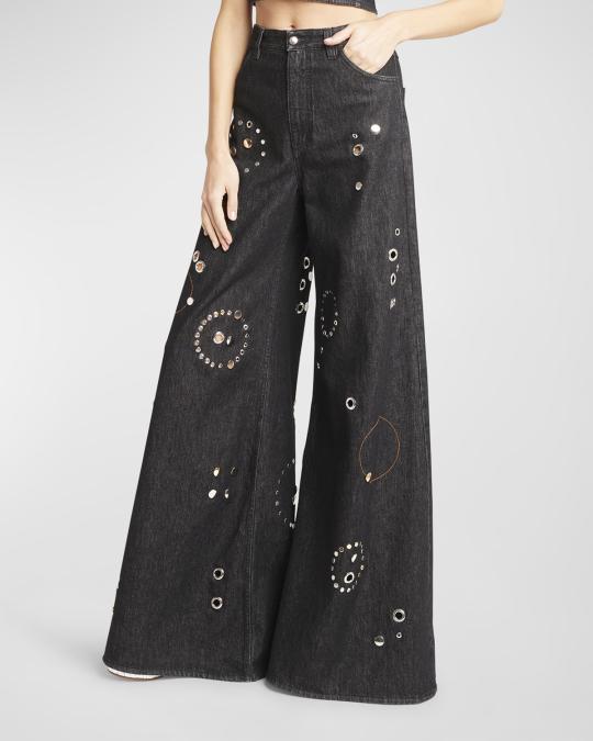 Chloe Grommet Embellished Wide-Leg Denim Pants | Neiman Marcus