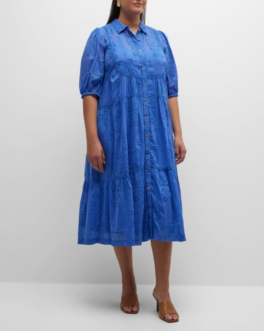 Johnny Was Plus Size Sadie Button-Down Eyelet Midi Dress | Neiman Marcus