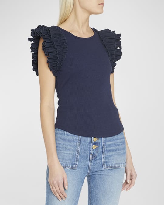 Ulla Johnson Lilo Ribbed Pleated-Shoulder Top | Neiman Marcus