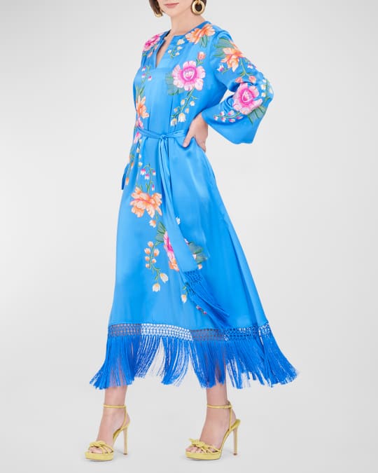 Josie Natori Hanabi Tasseled Floral-Embroidered Midi Caftan | Neiman Marcus