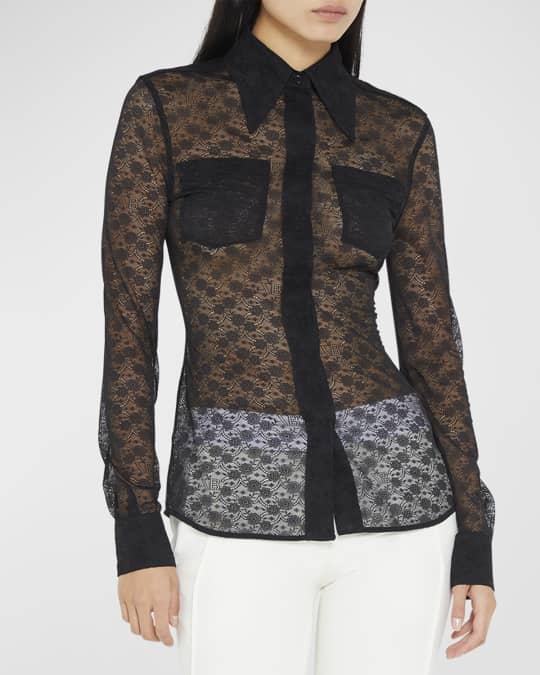 Victoria Beckham Monogram Floral Lace Fitted Collared Shirt | Neiman Marcus
