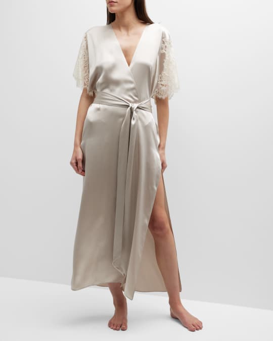 Christine Lingerie Venus Long Lace-Sleeve Silk Robe | Neiman Marcus