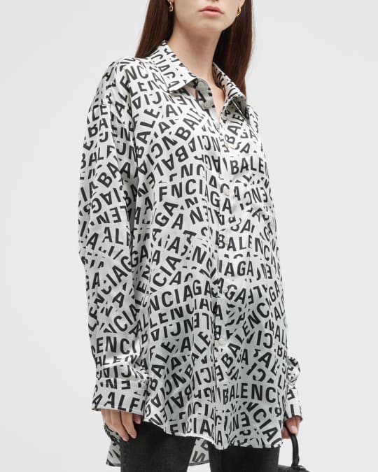 Balenciaga Logo Tape-Print Oversized Satin Shirt | Neiman Marcus