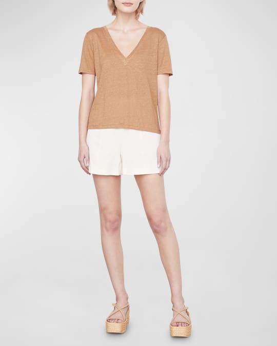 Vince Elbow-Sleeve V-Neck Linen T-Shirt | Neiman Marcus