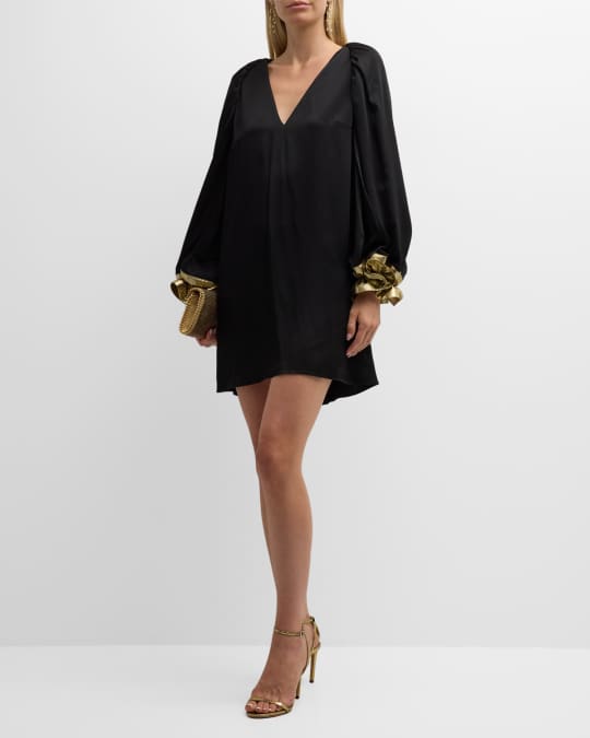 Halpern V-Neck Puff-Sleeve Ruffle-Cuff Mini Dress | Neiman Marcus