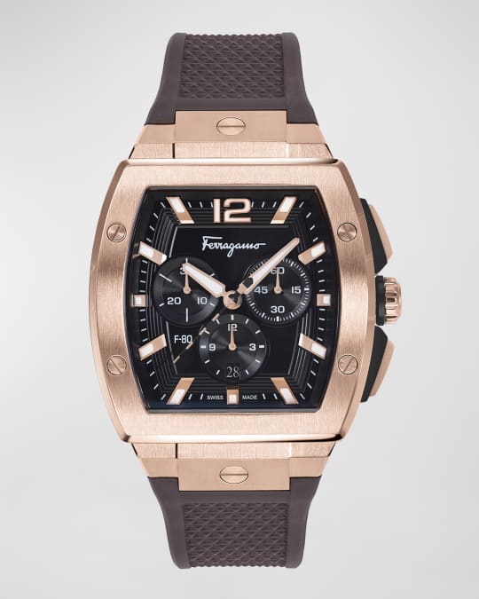 Ferragamo Men's F-80 Tonneau IP Rose Gold Silicone Strap Chronograph ...