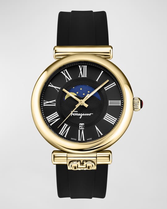 Ferragamo 40mm Ferragamo Ora Moonphase Watch, Yellow Gold/Black ...