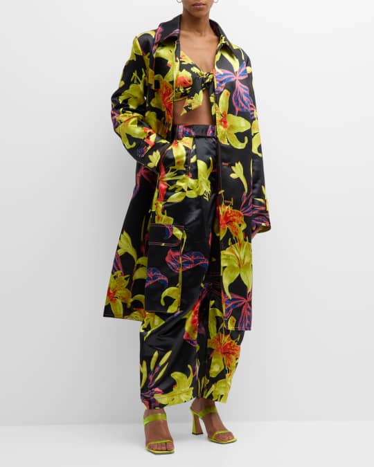 CHRISTOPHER JOHN ROGERS Lily Floral-Print Satin Long Car Coat | Neiman ...