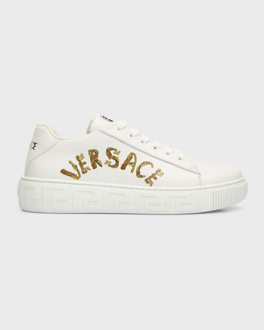 Versace Kid's Greca Embossed Logo-Print Leather Sneakers, Kids | Neiman ...