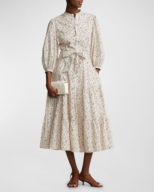 Polo Ralph Lauren Belted Floral Cotton Tiered Midi Dress | Neiman Marcus