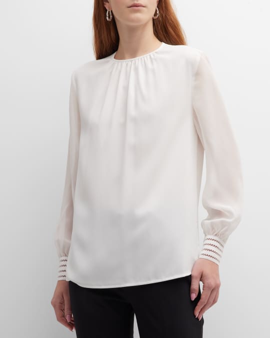 Misook Ruched Chiffon-Sleeve Side-Slit blouse | Neiman Marcus