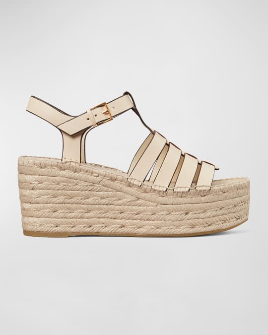 Tory Burch Fisherman Leather Espadrille Wedge Sandals | Neiman Marcus