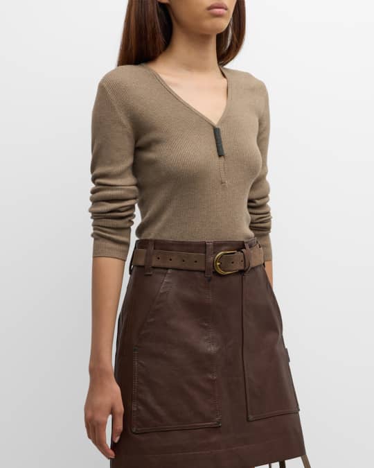 Brunello Cucinelli Tubular Monili-Trim V-Neck Metallic Cashmere Rib ...