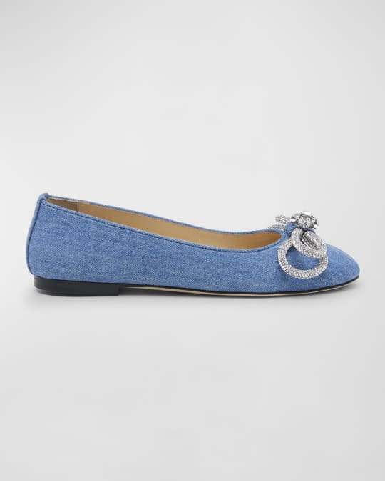 MACH & MACH Double Bow Denim Ballerina Flats | Neiman Marcus