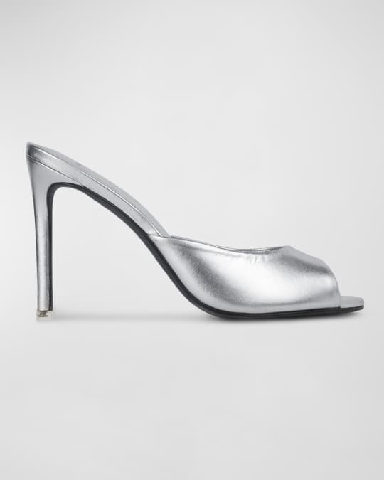 Black Suede Studio Metallic Leather Peep-Toe Mules | Neiman Marcus