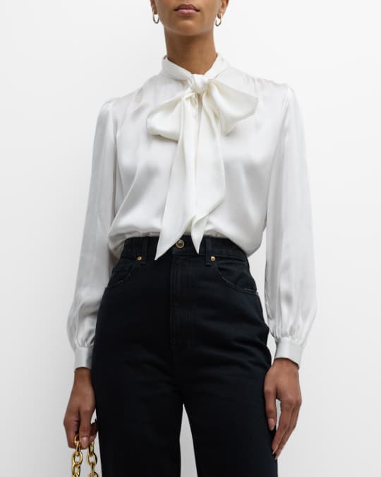FRAME Tie-Neck Long Sleeve Silk Blouse | Neiman Marcus