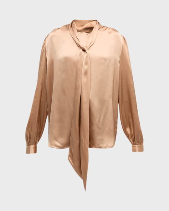 FRAME Tie-Neck Long Sleeve Silk Blouse | Neiman Marcus