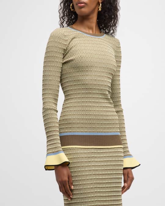 Merlette Judd Ribbed Striped Bell-Cuff Blouse | Neiman Marcus
