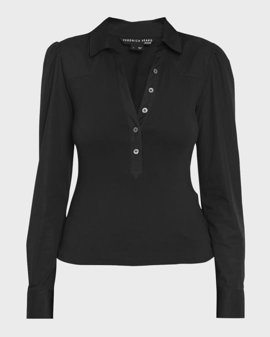 Veronica Beard Hania Collared Knit Long-Sleeve Henley Top | Neiman Marcus