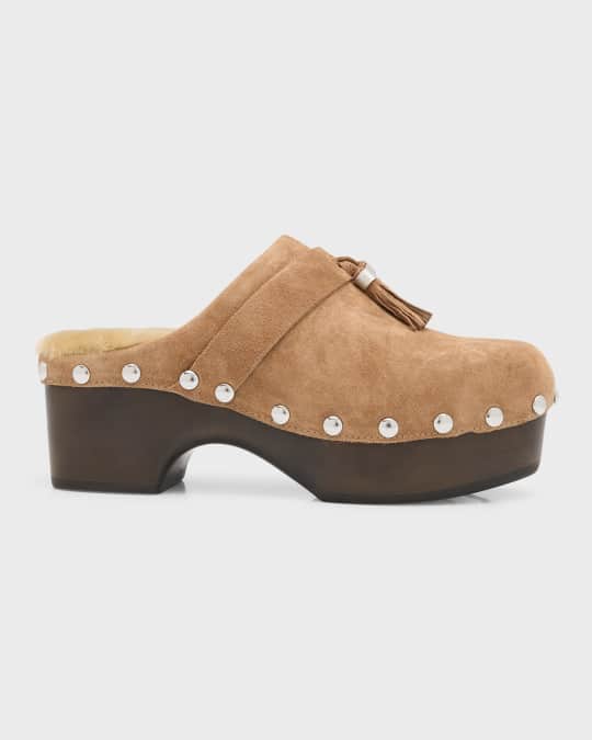 Rag & Bone Johannes Suede Shearling Tassel Clogs | Neiman Marcus