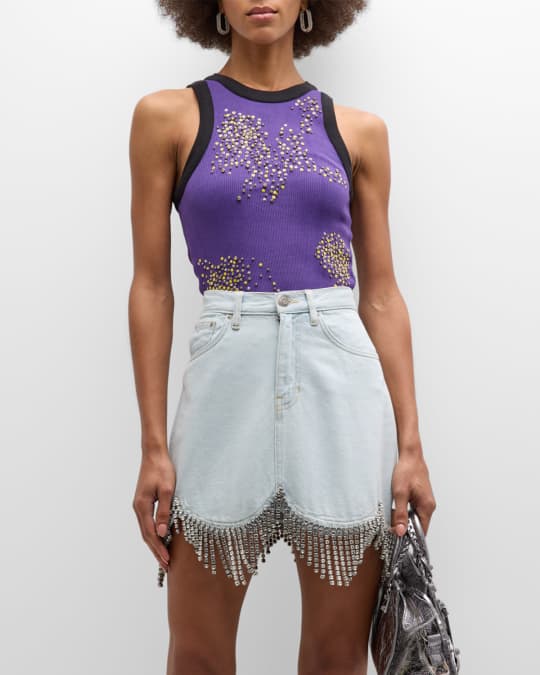 Des Phemmes Rib-Knit Embroidered Tank Top | Neiman Marcus