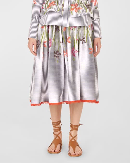 Silvia Tcherassi Rosella Floral Embroidered Striped Midi Skirt Neiman