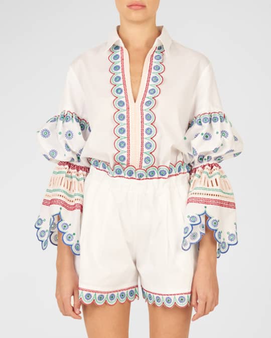 Silvia Tcherassi Gaia Broderie Anglaise Puff-Sleeve Collared Blouse ...