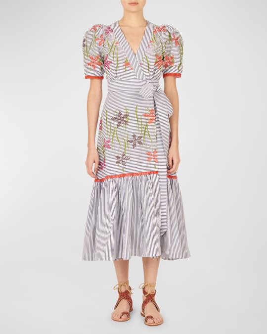 Silvia Tcherassi Nicola Floral Embroidered Striped Midi Wrap Dress