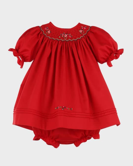 Luli & Me Girl's Holly Berry Smocked Bishop Dress W/ Bloomers, Size 3M ...