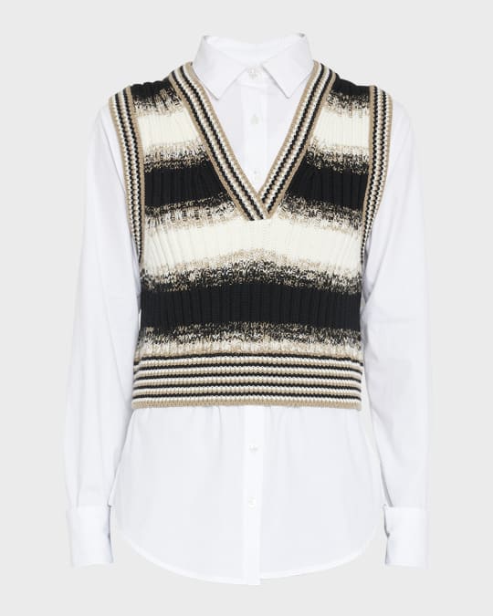 Veronica Beard Spear Mixed-Media Button-Front Vest Top | Neiman Marcus