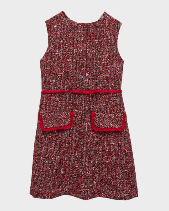Helena Girl's Tweed Sleeveless Ruffle Trim Dress, Size 7-14 | Neiman Marcus