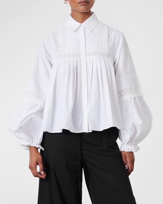 JOSLIN Anastasiya Pleated Pintuck Organic Cotton Shirt | Neiman Marcus