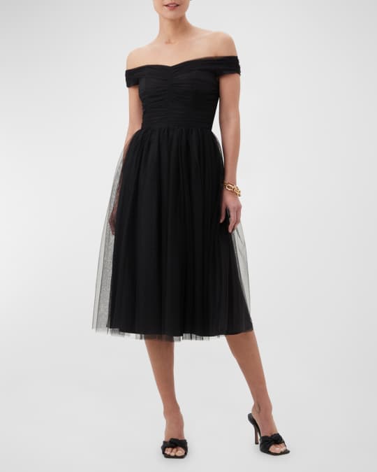 Trina Turk Renai Off-Shoulder Tulle Midi Dress | Neiman Marcus