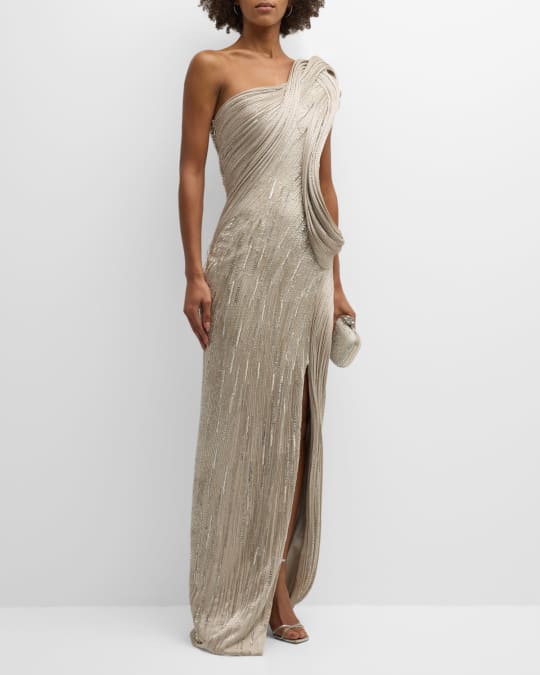 Gaurav Gupta Gilded Sage Gold Waves Beaded Sculpted One-Shoulder Gown ...