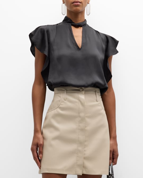 PAIGE Darra Satin Ruffle-Sleeve Top | Neiman Marcus