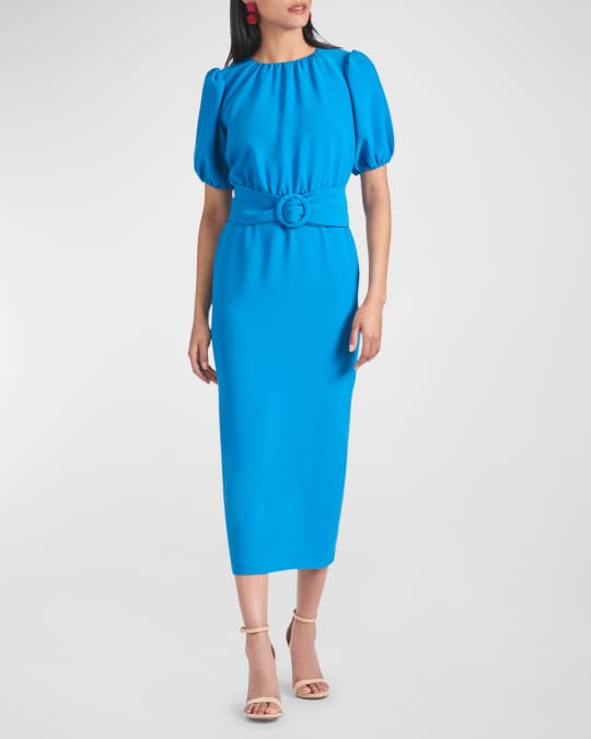 Sachin & Babi Rebecca Belted Puff-Sleeve Crepe Midi Dress | Neiman Marcus