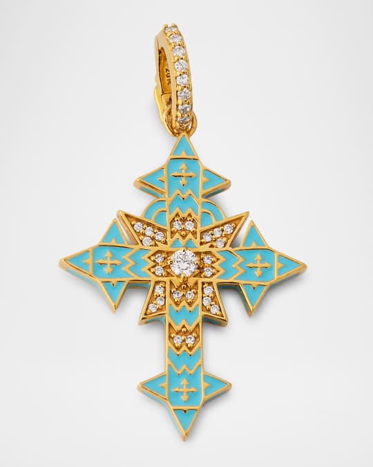 Buddha Mama 20K Sky Blue Enamel and Diamond Cross Pendant | Neiman Marcus
