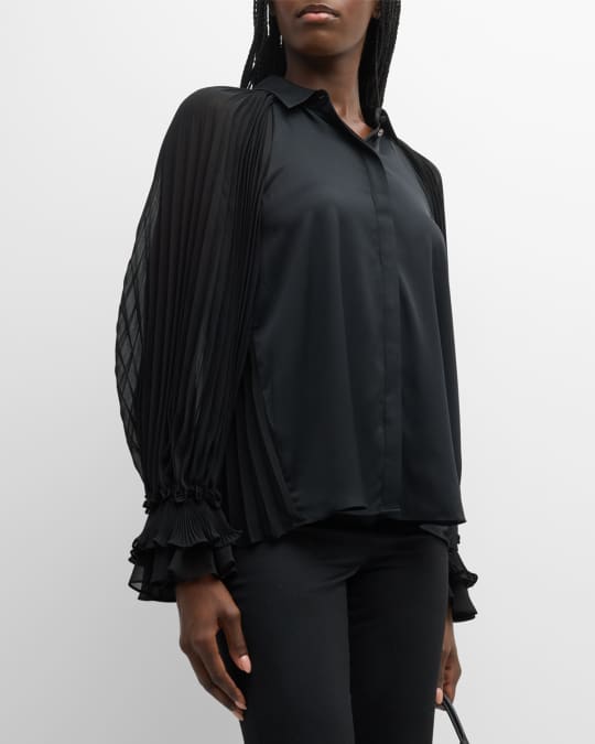 Ungaro Samantha Button-Front Pleated Sleeve Blouse | Neiman Marcus