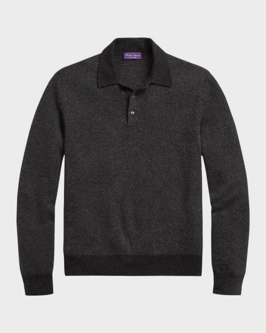 Ralph Lauren Purple Label Men's Herringbone Cashmere Polo-Collar Sweater | Neiman Marcus