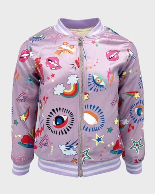 Lola + The Boys Girl's Satin Bomber Jacket W/ Stickers, Size 2-14 | Neiman Marcus