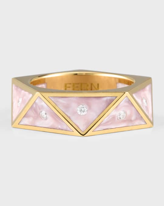 Fern Freeman Jewelry 18K Yellow Gold Pearlized Pink Ceramic Pentagon Ring with Diamonds, Size 7 ...