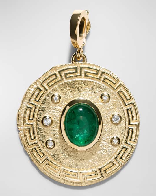 AZLEE Greek Pattern Emerald & Diamond Large Coin Pendant | Neiman Marcus