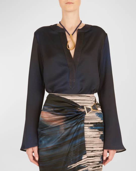 Silvia Tcherassi Lilly Split V-Neck Long-Sleeve Blouse | Neiman Marcus
