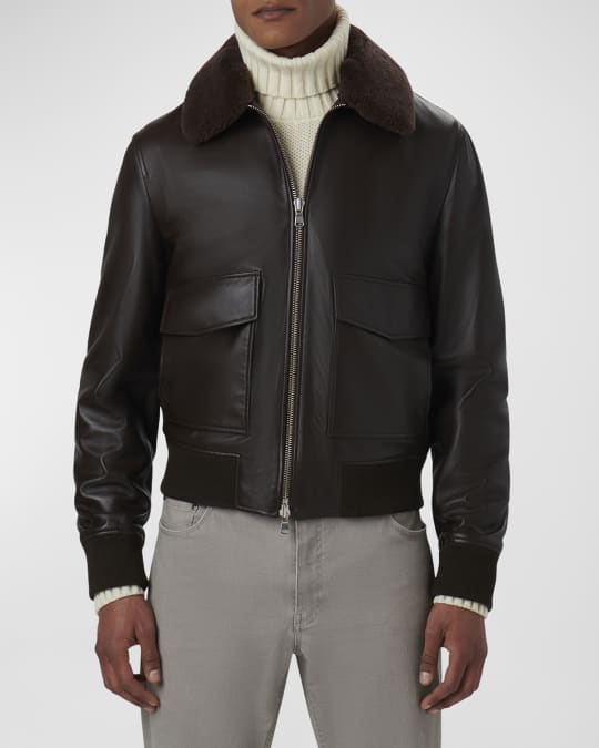 Bugatchi Men's Shearling-Collar Leather Bomber Jacket | Neiman Marcus