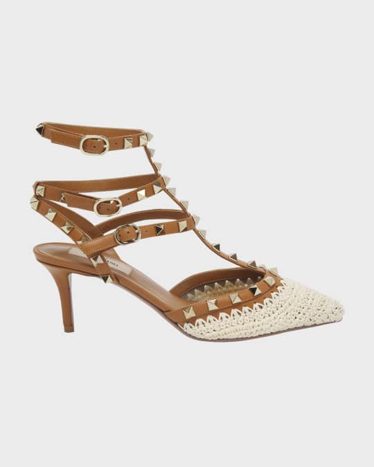 Valentino Garavani Rockstud Crochet Ankle-Strap Trio Pumps | Neiman Marcus